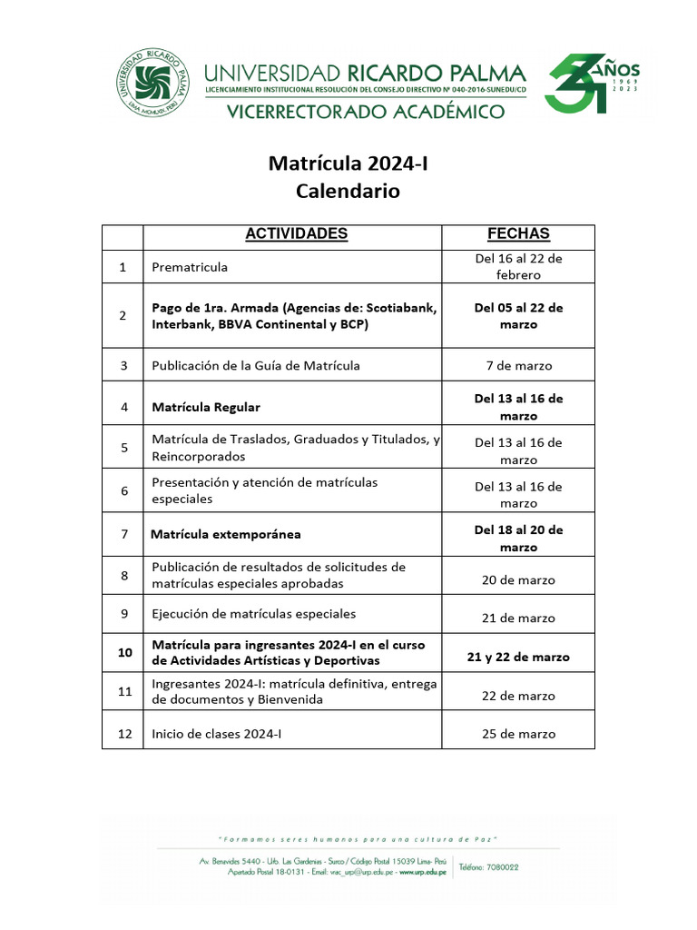 URP Calendario de Maricula 2024-1 | PDF