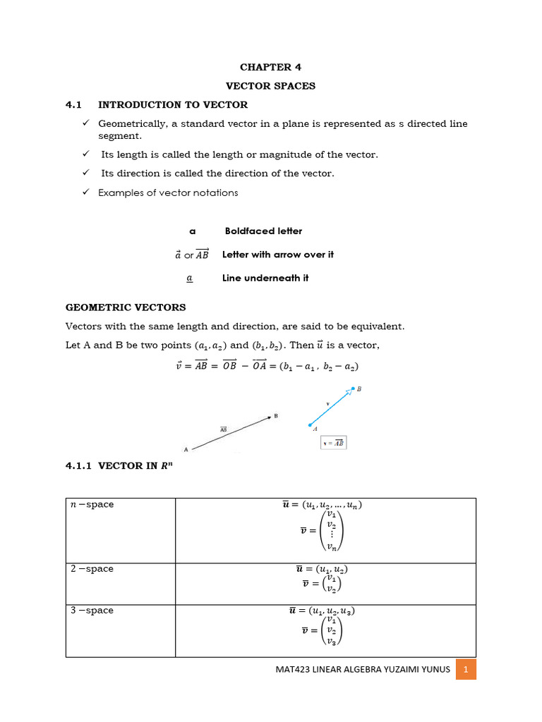 Chapter 4 Vector Spaces - Part 1 | PDF | Vector Space | Linear Algebra Chapter 4 Vector Spaces - Part 1 | PDF | Vector Space | Linear Algebra