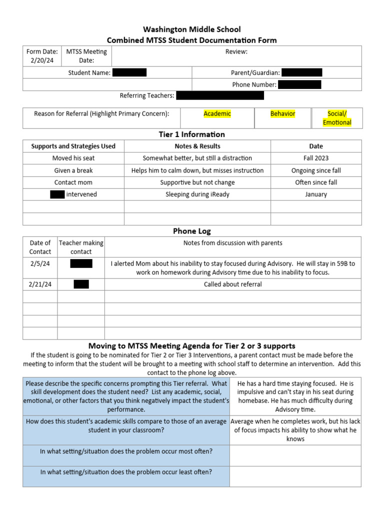 MTSS Student Support Plan for Arion Taylor | PDF | Cognition ...