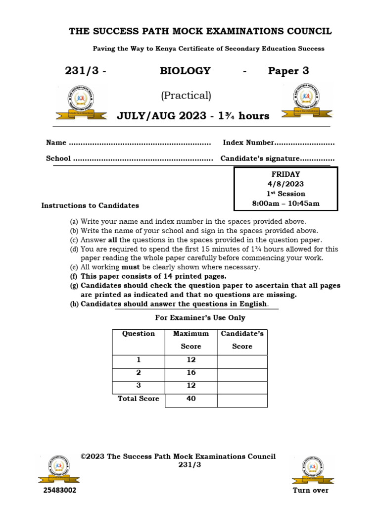 Bio Pp3 Success Path Mock 2023 | PDF