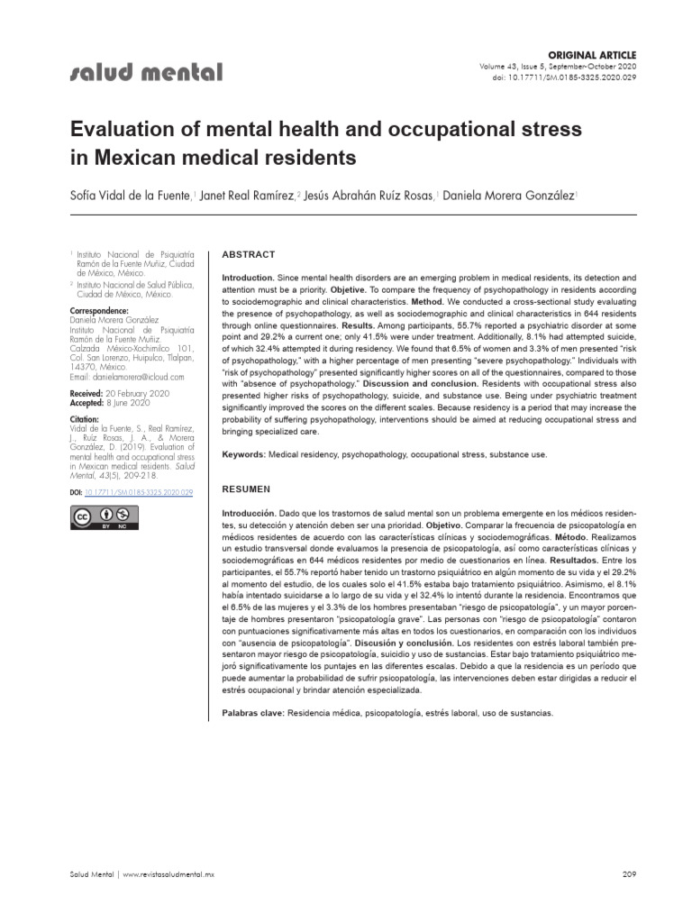 2020 de La Fuente Et Al Evaluation of Mental Health and Occupational ...