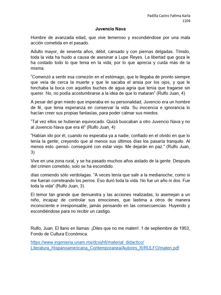 Descripción de Personaje de ¡Diles Que No Me Maten! de Juan Rulfo | PDF