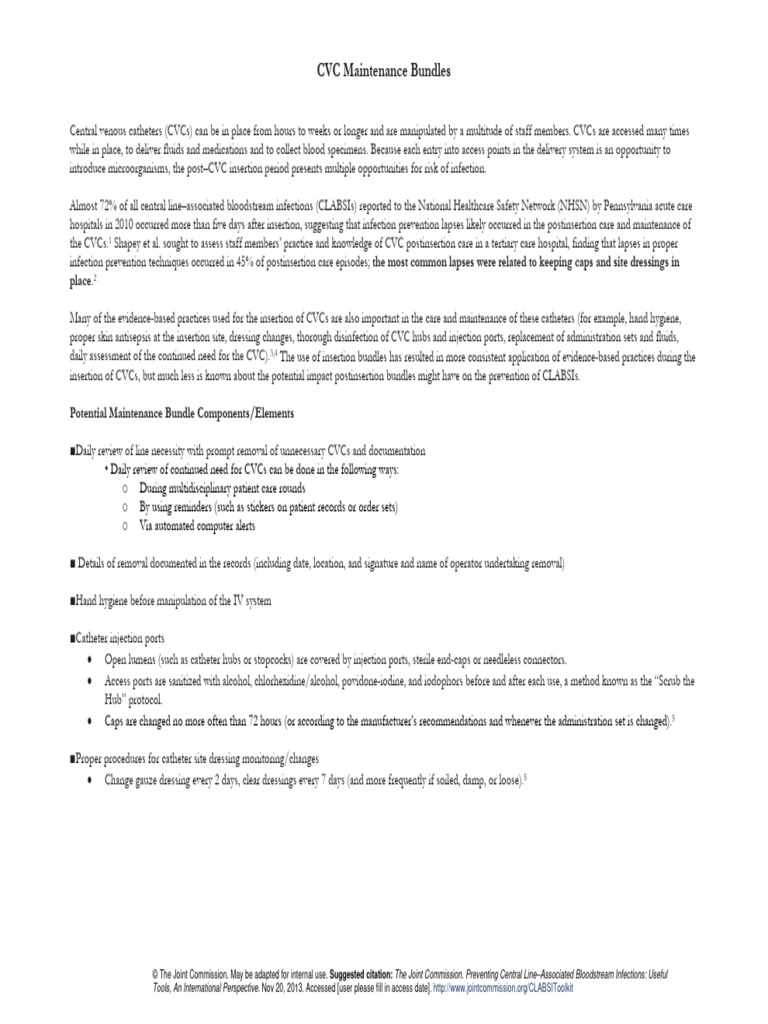 CLABSI Toolkit Tool 3-22 CVC Maintenance Bundles | PDF | Medicine ...