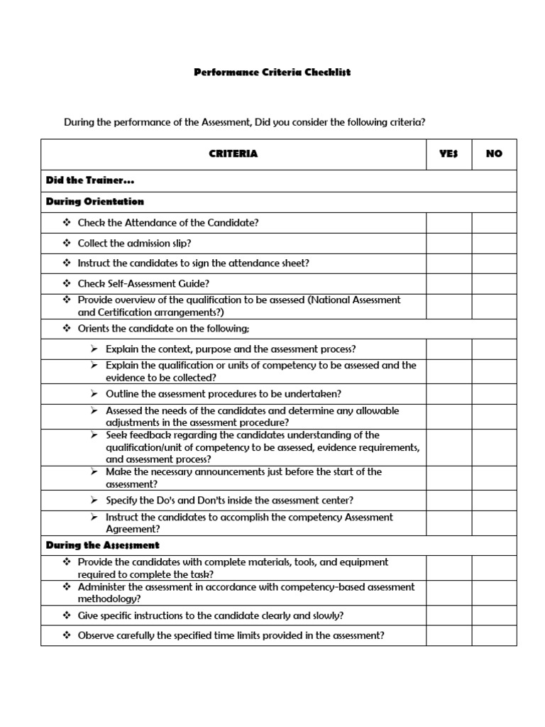 Performance Criteria Checklist - LFM 2020 1 | PDF | Business