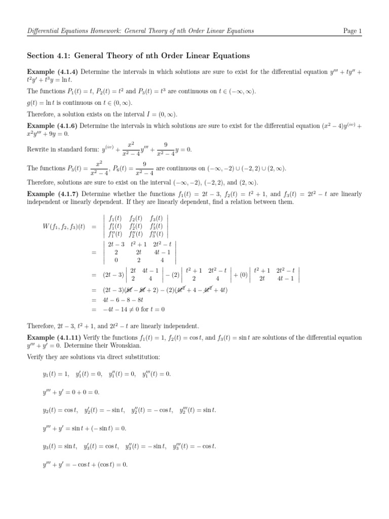 Section 4.1: General Theory of NTH Order Linear Equations | PDF ...