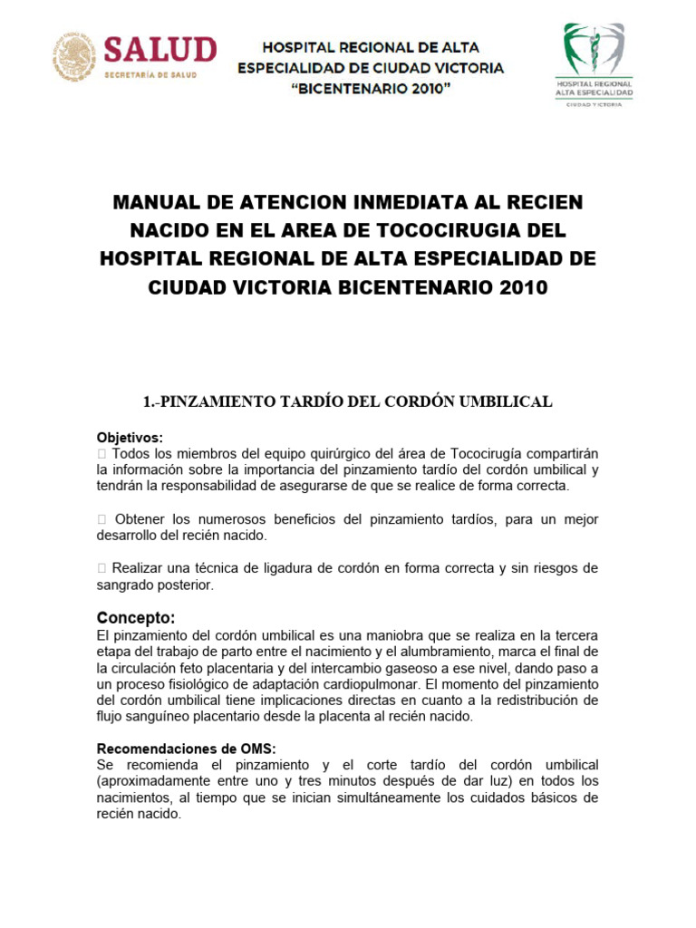 Manual de Atencion Inmediata Al Recien Nacido en El Area de Tococirugia ...
