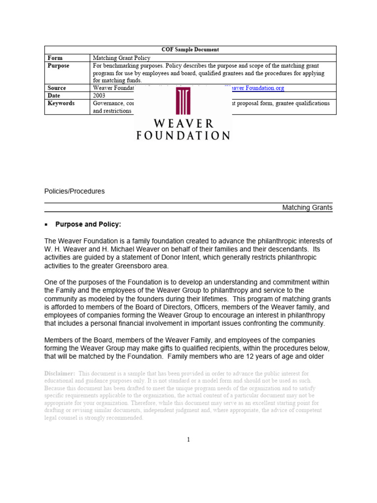 Weaver Foundation Matching Grant Policy | PDF | Nonprofit Organization ...