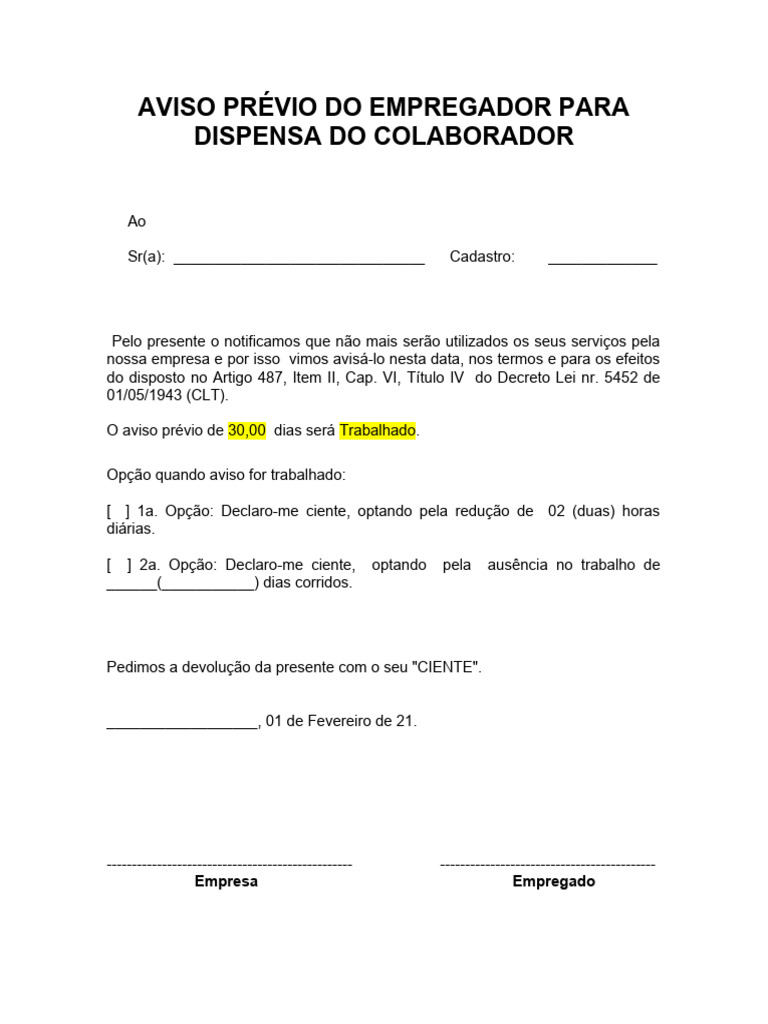 Material Complementar Mód 11 Modelo Aviso Prévio Trabalhado Pdf