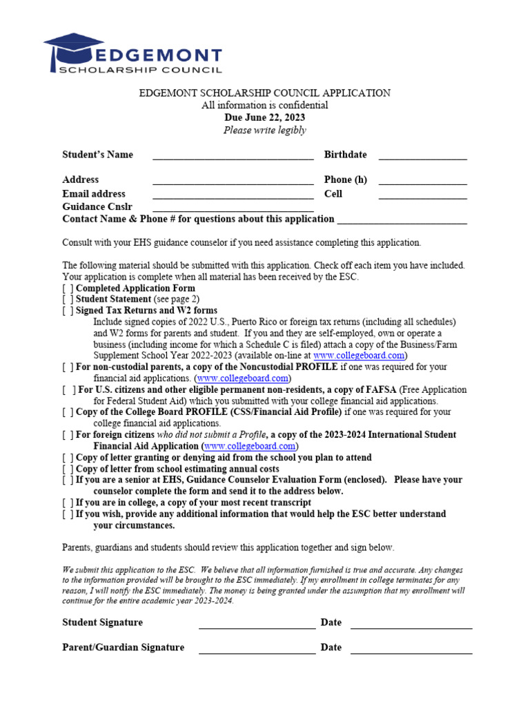 ESC Application 2023-2024 Updated | PDF | Debt | Student Financial Aid ...