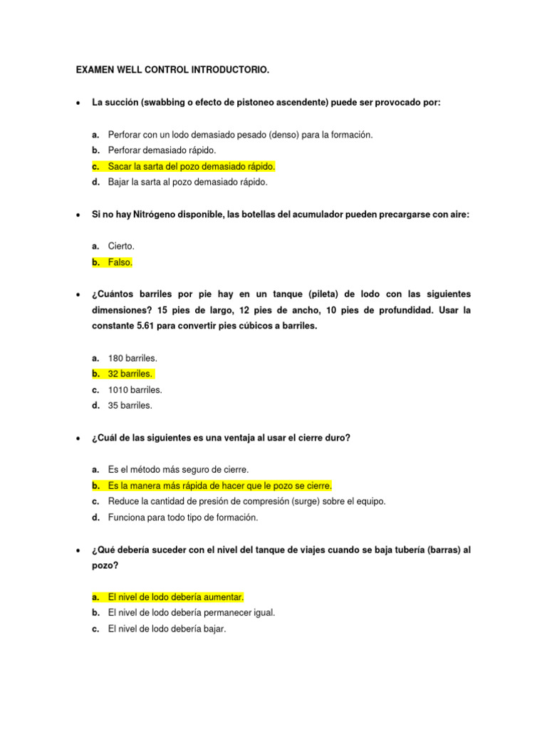 Examen Well Control Introductorio | PDF | Presión | Densidad