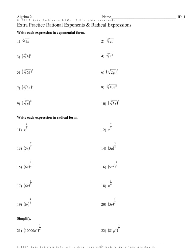 Extra Practice Rational Exponents Radical Expressions | PDF ...