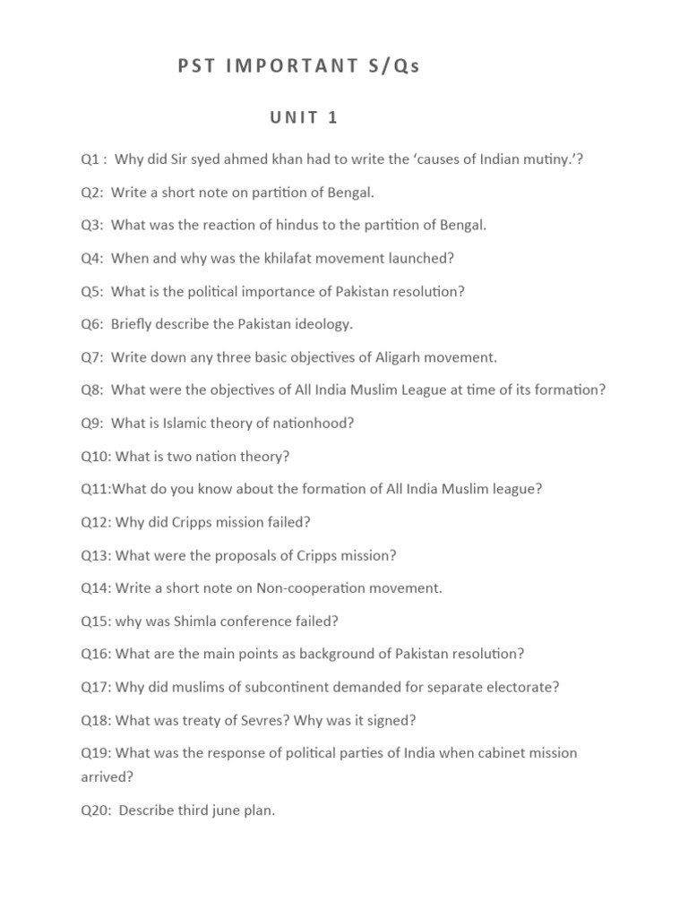 PST Important S | PDF | Muhammad Ali Jinnah | Pakistan