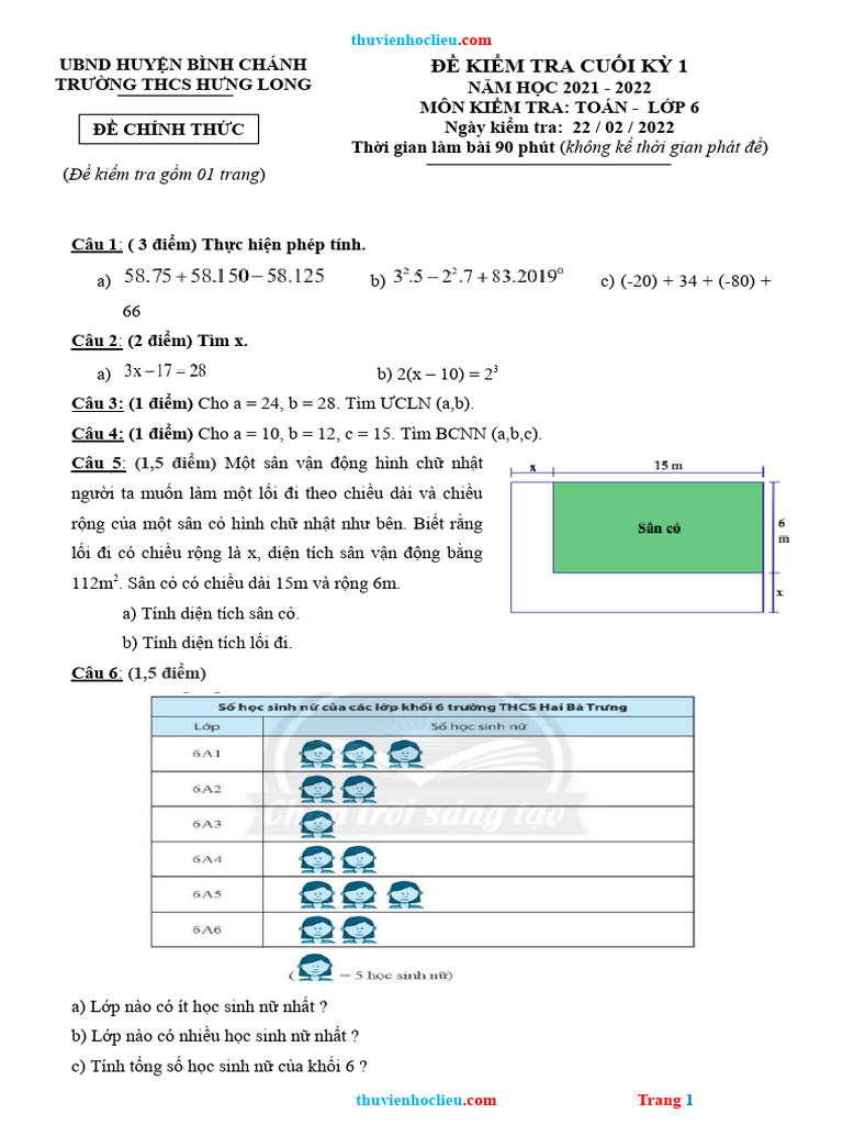 De Thi HK1 Toan 6 THCS Hung Long Binh Chanh TPHCM 21 22 | PDF