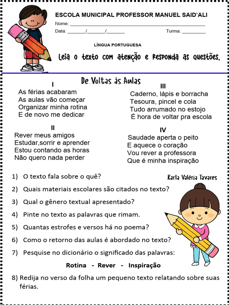 Volta Às Aulas Atividade Com Interpretação de Texto | PDF