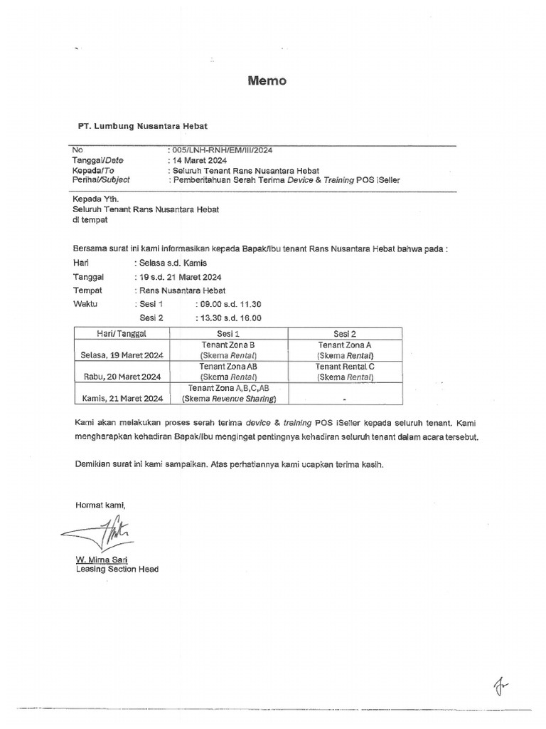 Memo Pemberitahuan Serah Terima Device & Training POS Iseller (Final) | PDF