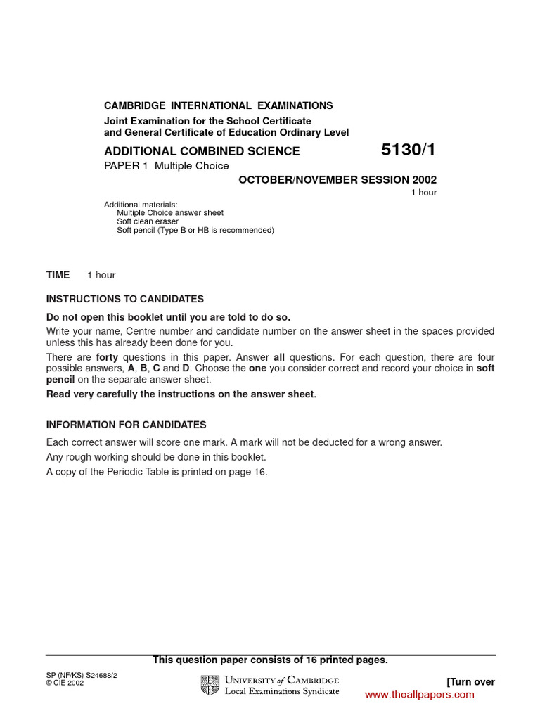 Additional Combined Science: PAPER 1 Multiple Choice | PDF