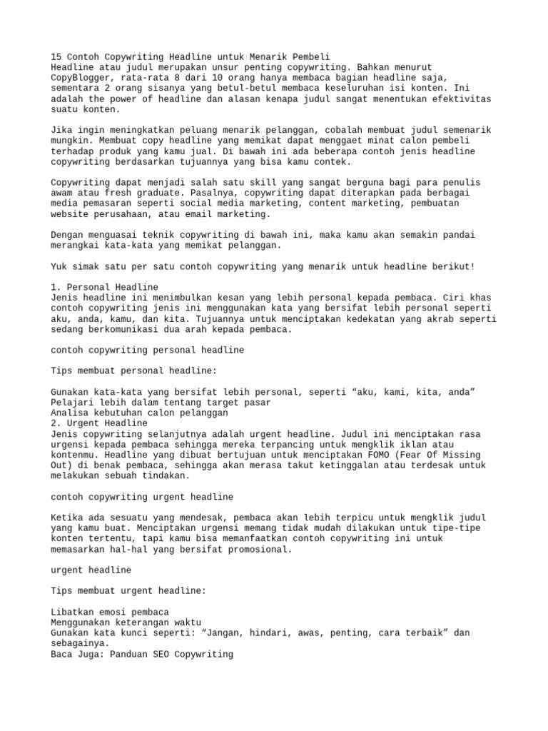 Contoh Headline Copywriting Menarik | PDF | Karier & Perkembangan