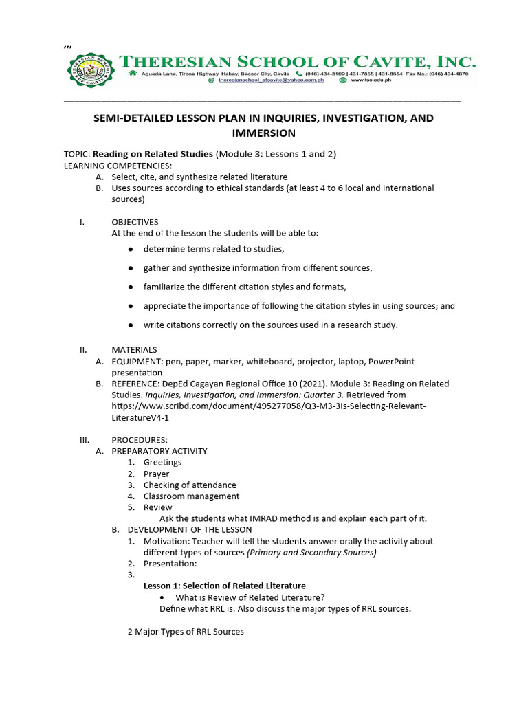 Semi-Detailed Lesson Plan in 3is Module 3 | PDF | Citation | Apa Style