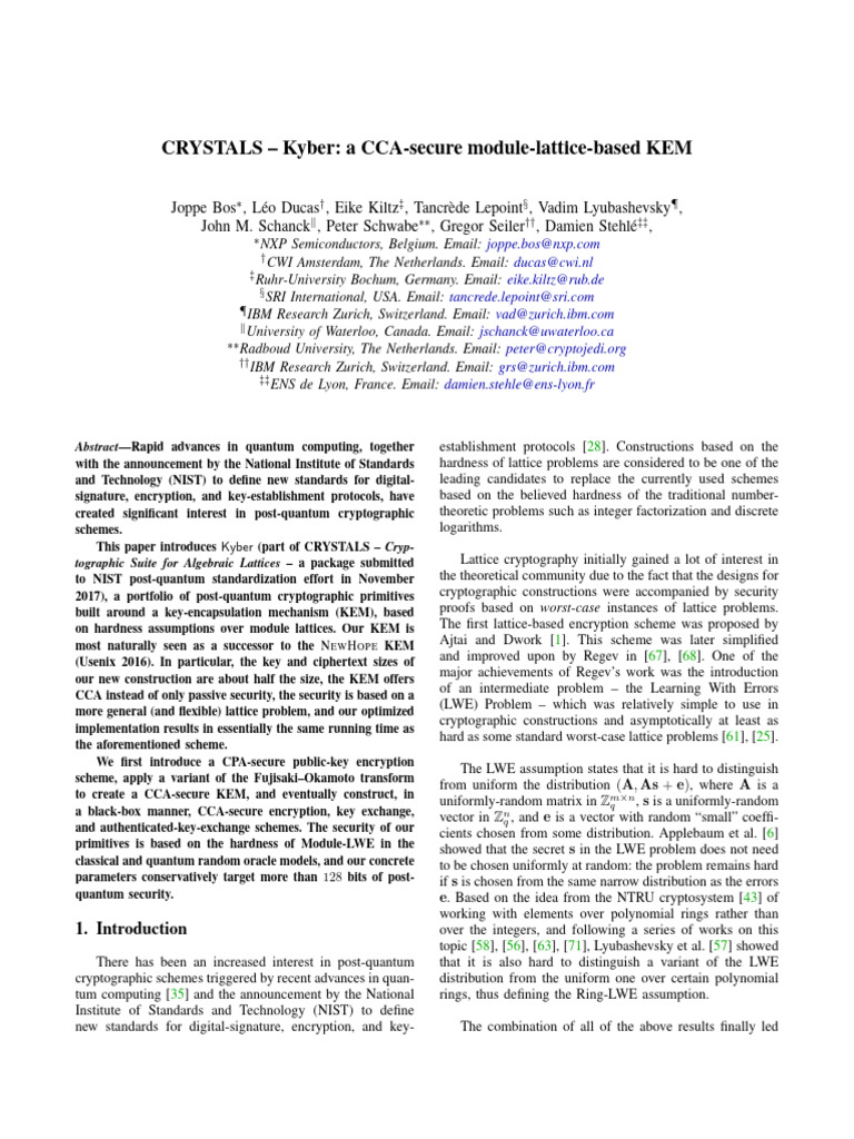 CRYSTALS - Kyber: A CCA-secure Module-Lattice-Based KEM | PDF | Science ...