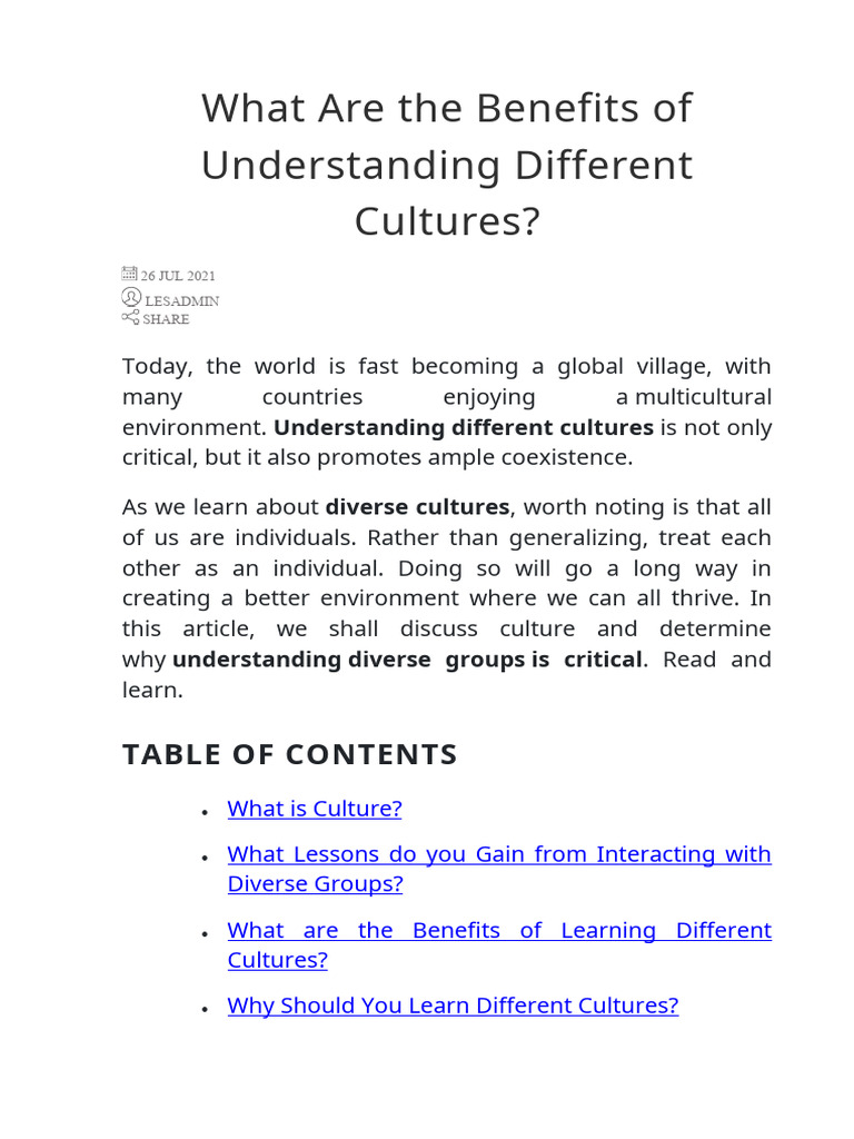 What Are The Benefits of Understanding Different Cultures | PDF