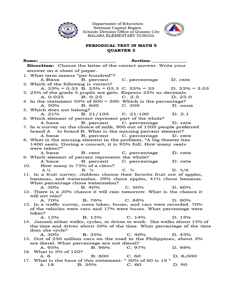 Math 5 Quarter 3 Periodical Test Key | PDF | Circle | Rectangle