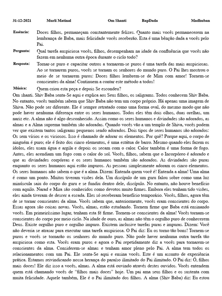 31 12 2021 Murli Não Fica No Mundo Incorpóreo | PDF
