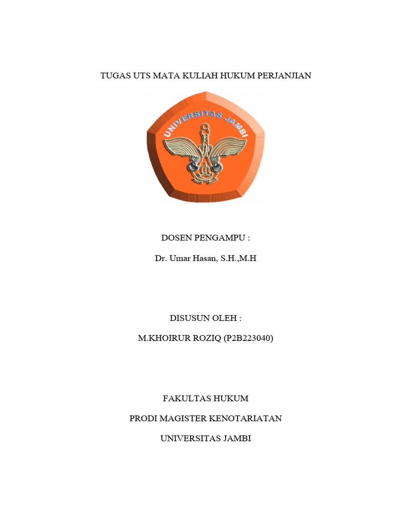 Tugas Uts MK Hukum Perjanjian MKR P2B223040 | PDF
