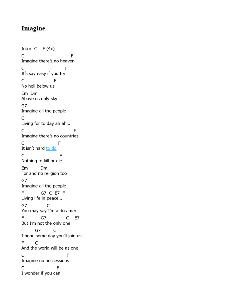 Imagine by John Lennon: Chords & Lyrics | PDF