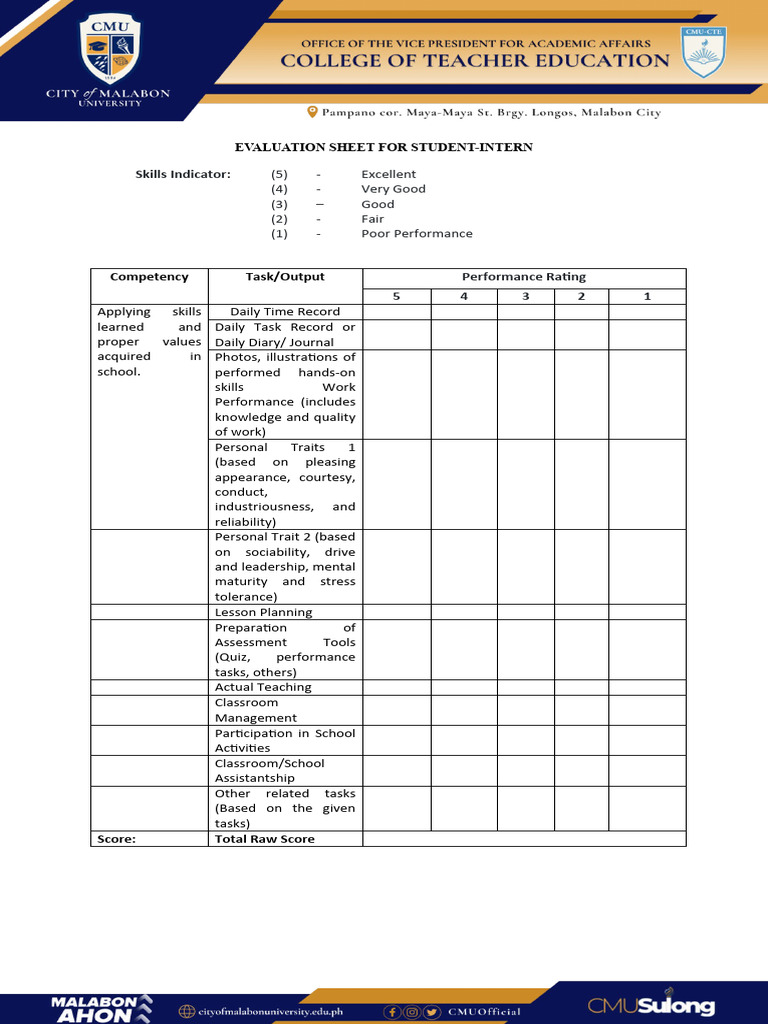 Internship Evaluation Sheet | PDF | Teachers | Human Communication