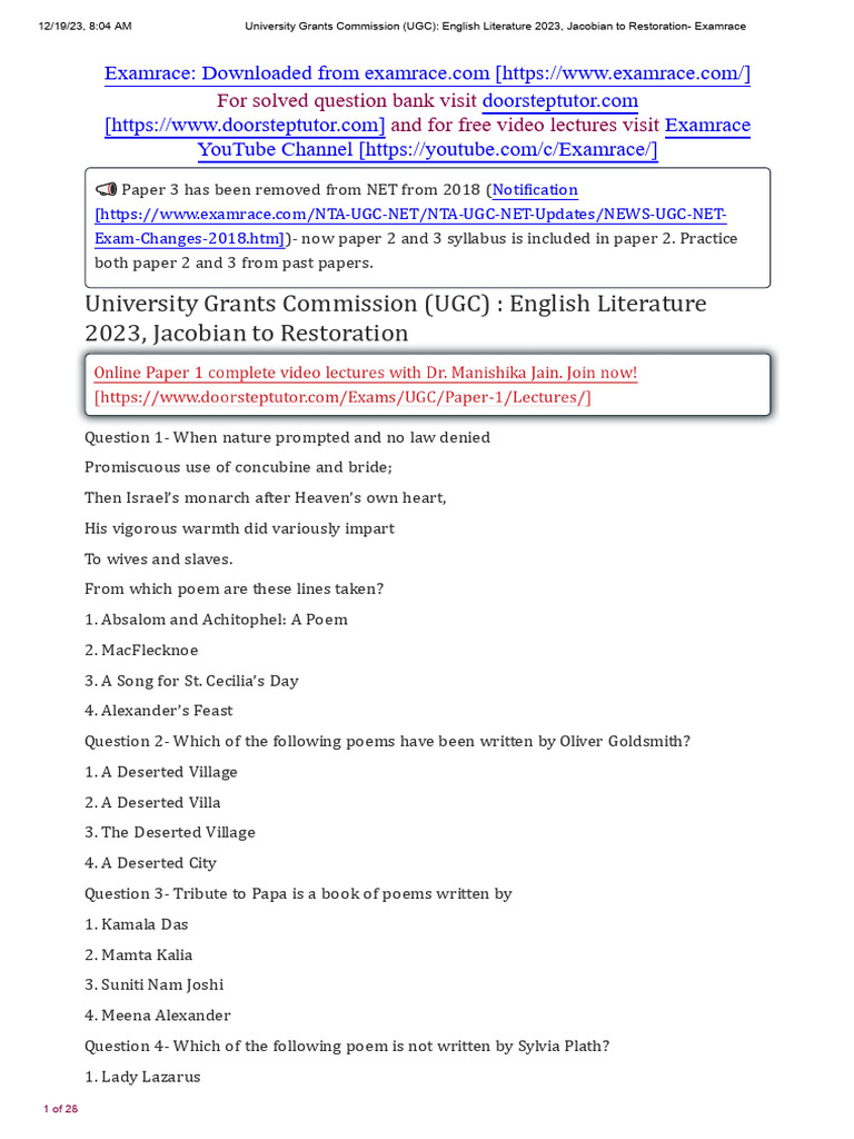 UGC English Literature Exam Guide 2023 | PDF | Methodology | Poetry