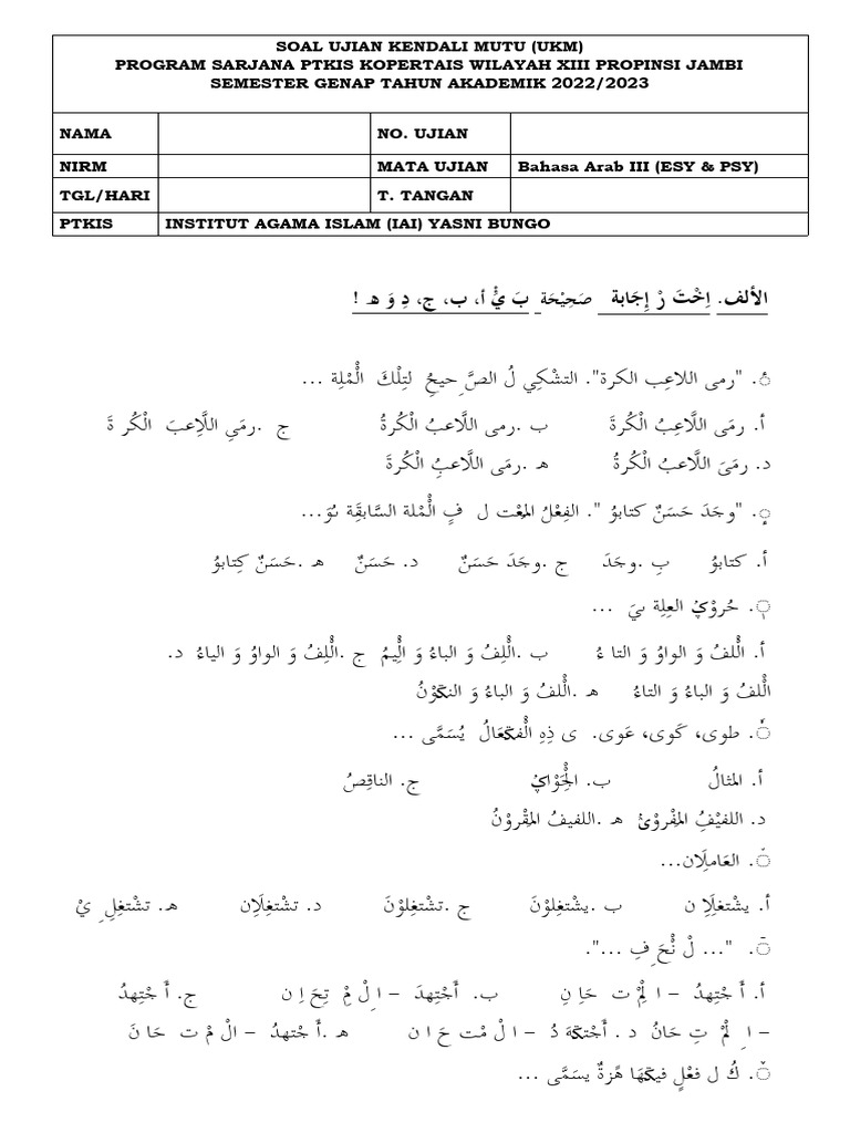 1-Soal Ukm - Bahasa Arab 3-Psy & Esy | PDF
