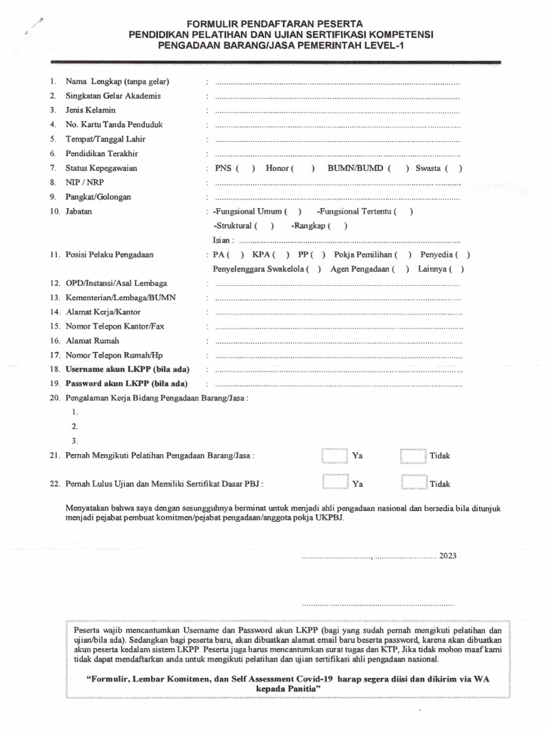 Formulir Pendaftaran Peserta Bimtek | PDF