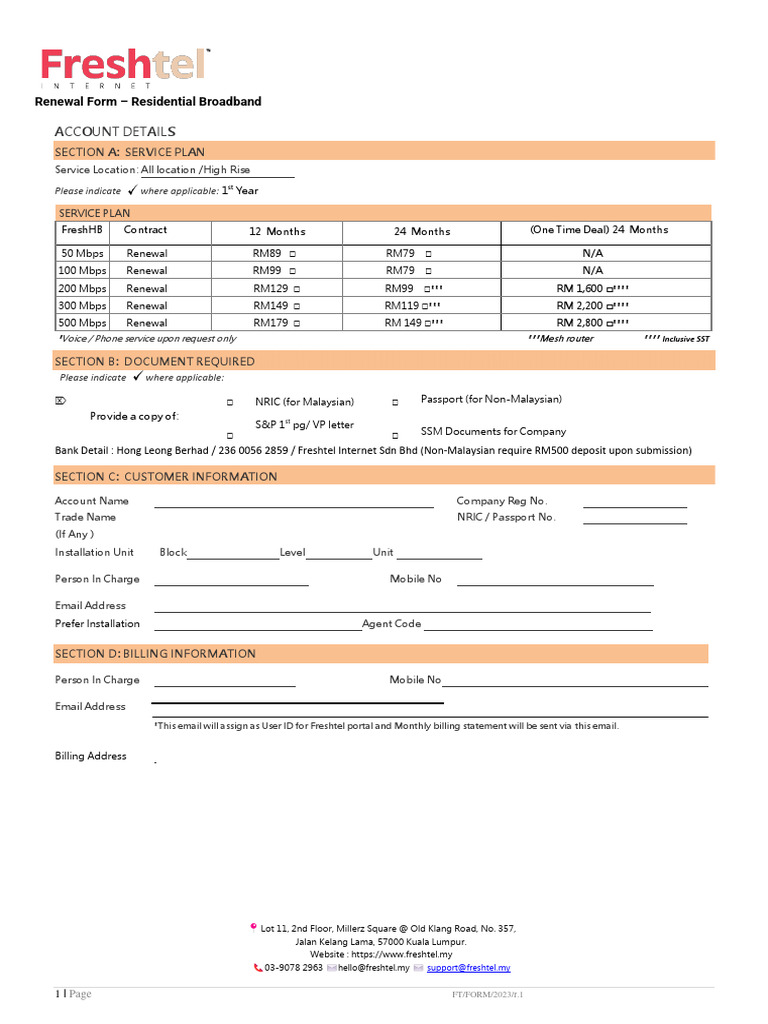 Freshtel Registration Form - Renewal All Location I | Download Free PDF ...