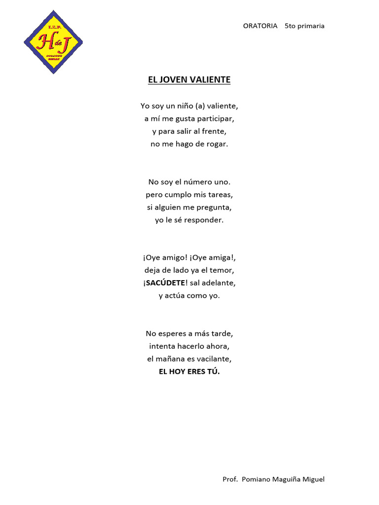 El Joven Valiente - 5to Primaria - Oratoria | PDF