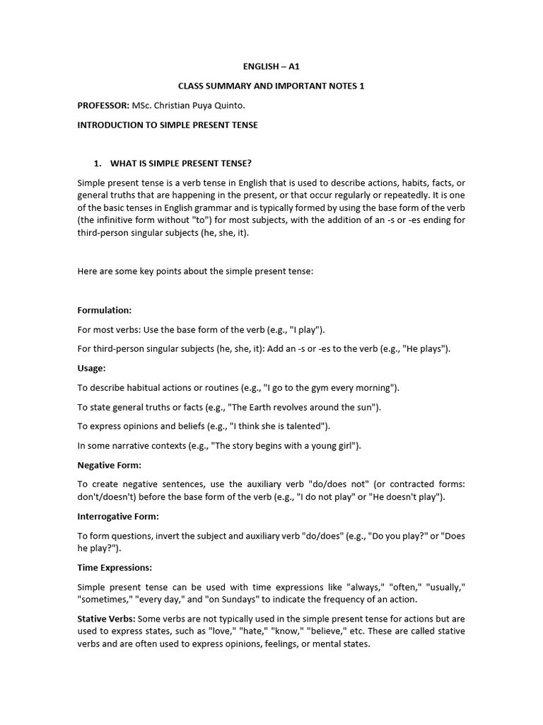 Class Summary and Important Notes 1 | PDF | Grammatical Tense | Verb