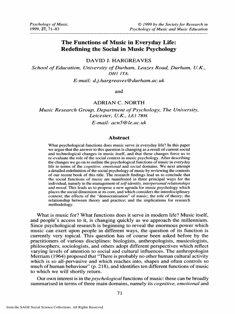 The Functions of Music in Everyday Life: Redefining The Social in Music ...