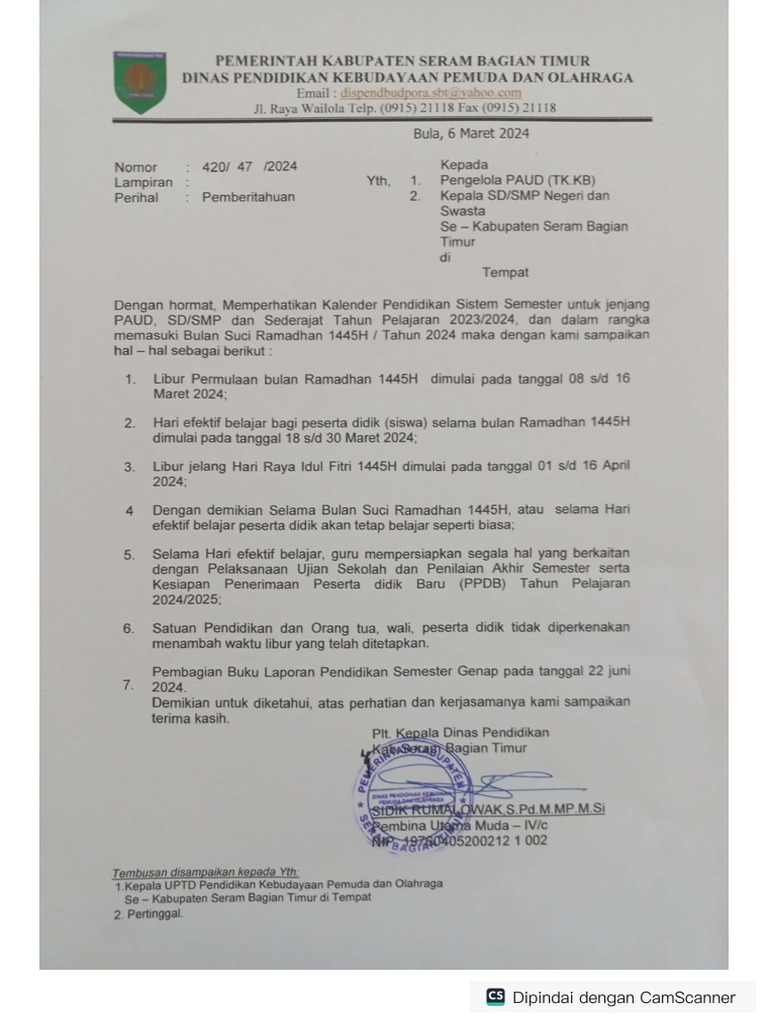 Surat Pemberitahuan Tentang Hari Libur | PDF