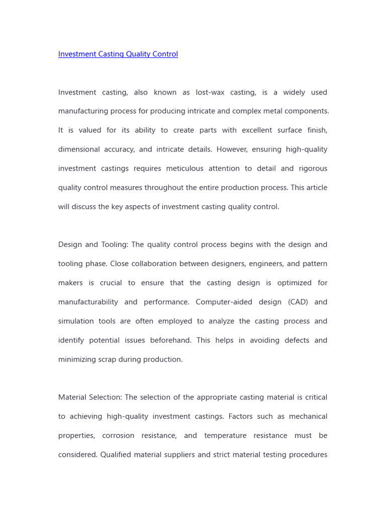 Investment Casting Quality Control | PDF