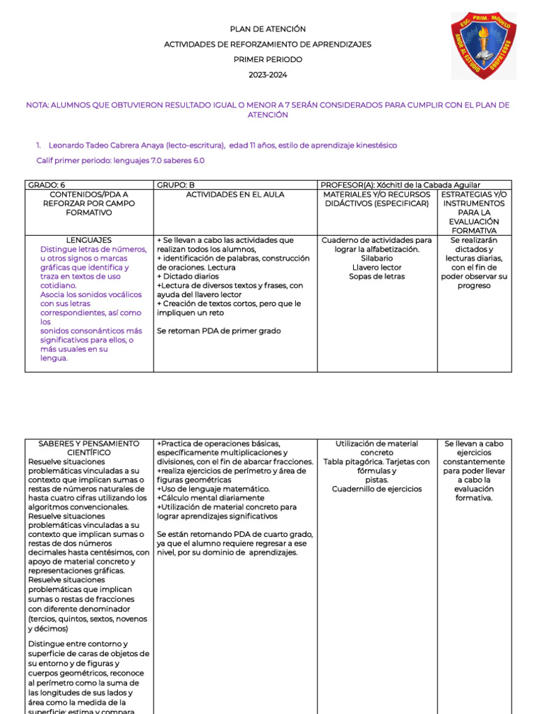 FORMATO DE PLAN DE ATENCIÓN Mzo-Abril 2024 6B | PDF | Evaluación ...