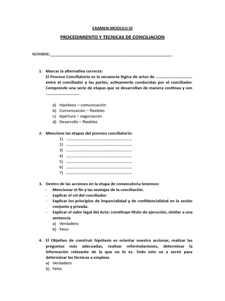 S-D Examen Modulo Vi Procedimiento y Tecnicas de Conciliacion | PDF | Derecho