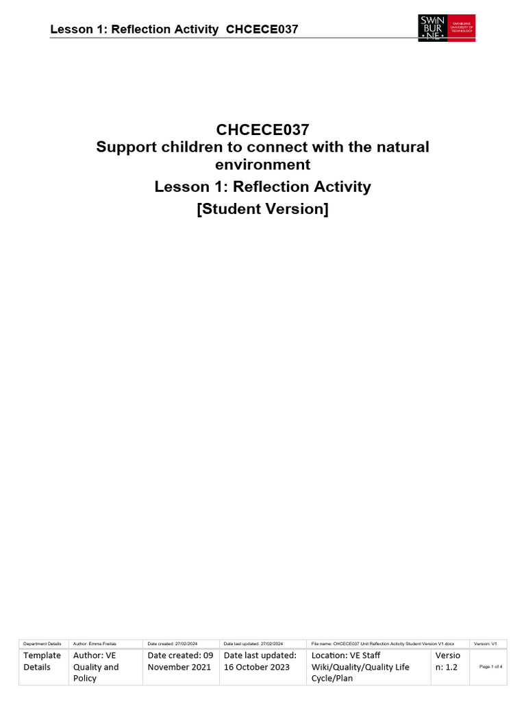 CHCECE037 Unit Reflection Activity Student Version V1 | PDF | Teachers | Wiki