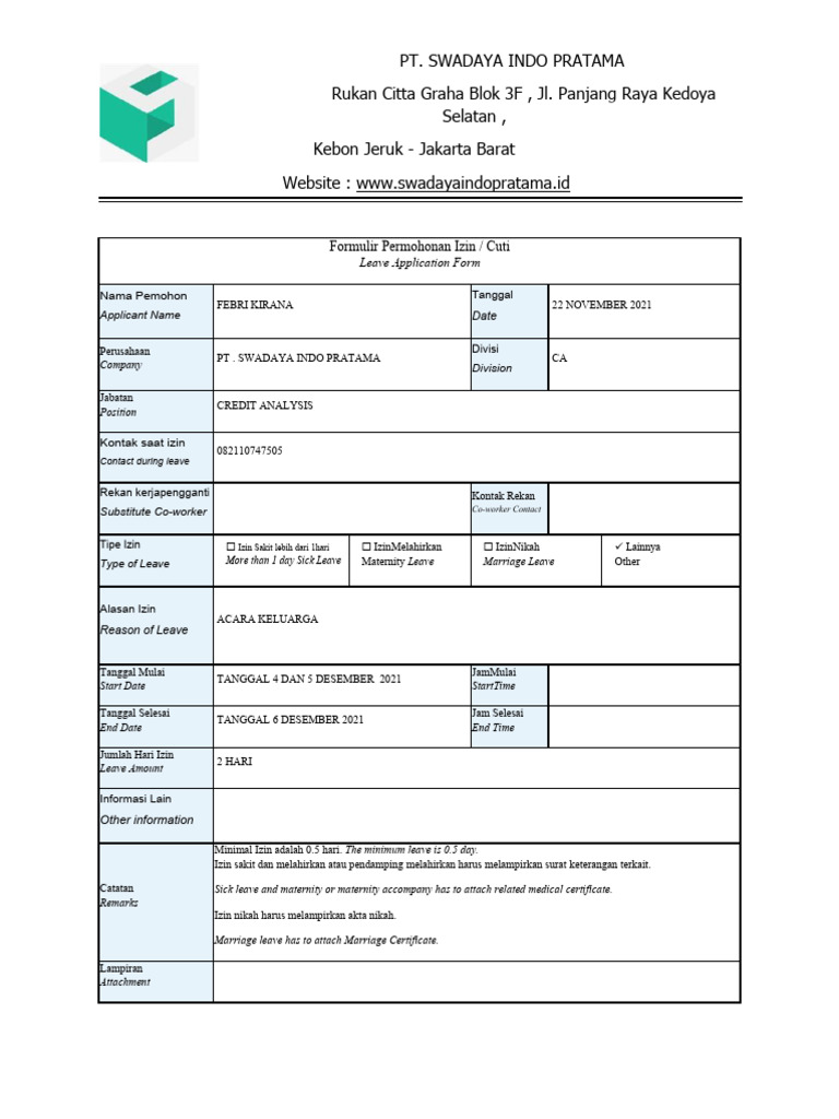 Form Izin - Cuti (FEBRI KIRANA) | PDF | Leave Of Absence