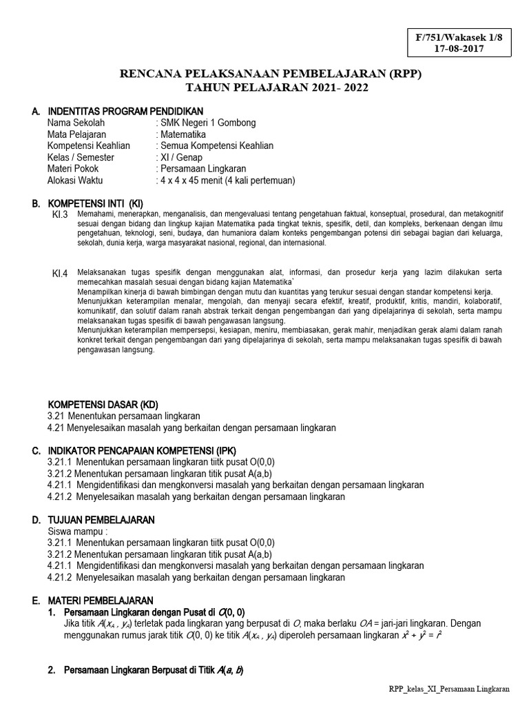 3.21 RPP Persamaan Lingkaran Pake | PDF
