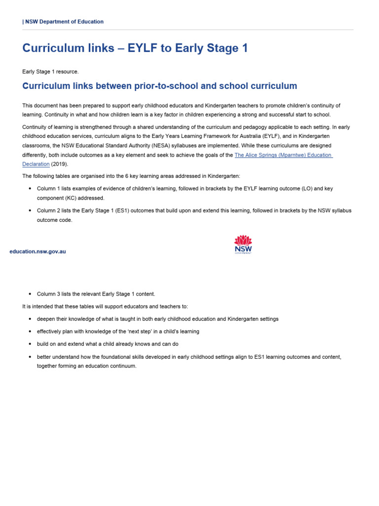 EYLF to Early Stage 1 Curriculum Links | PDF | Area | Reading Comprehension