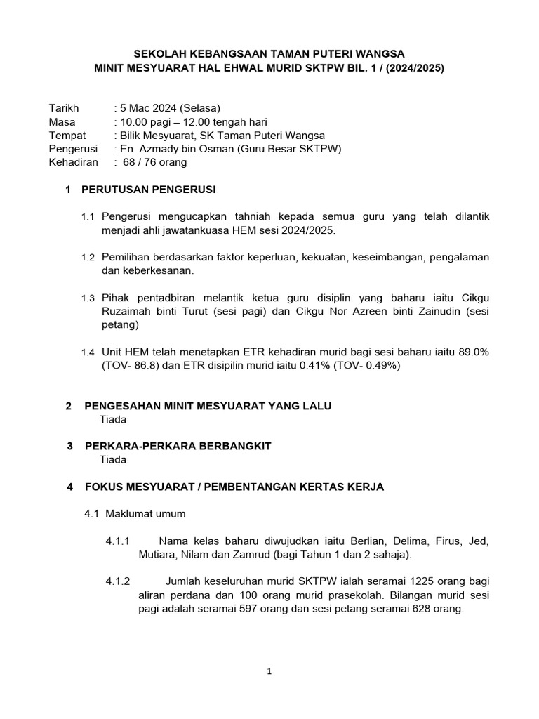 Minit Mesyuarat Hem Bil 1 (20242025) | PDF