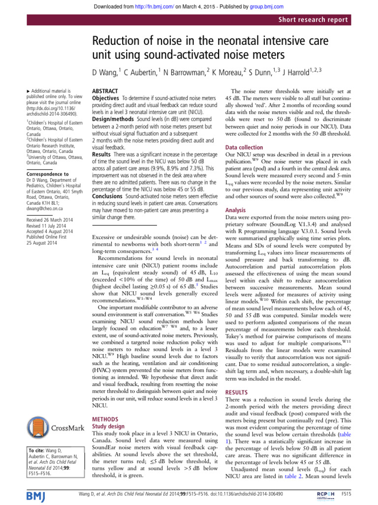 Reduction of Noise in The Neonatal Intensive Care Unit Using Sound-Activated Noise Meters | PDF ...