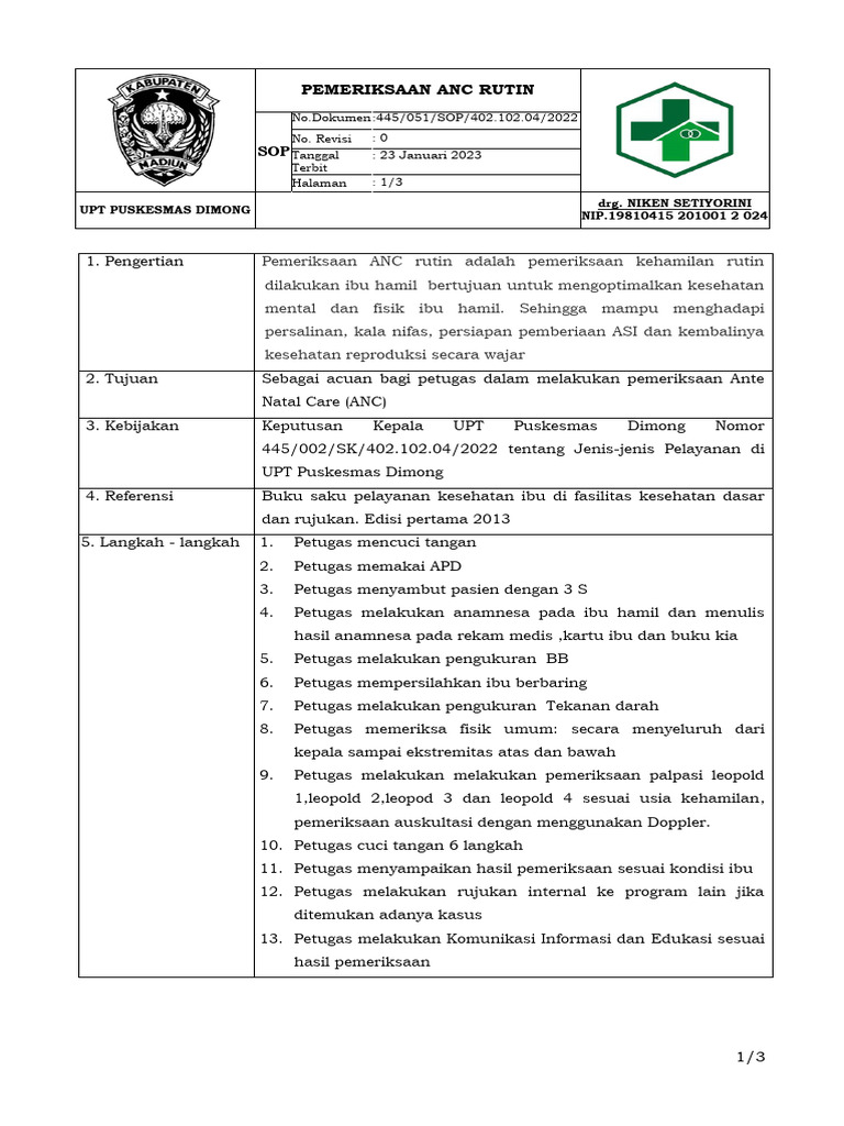 SOP Pemeriksaan ANC Rutin | PDF