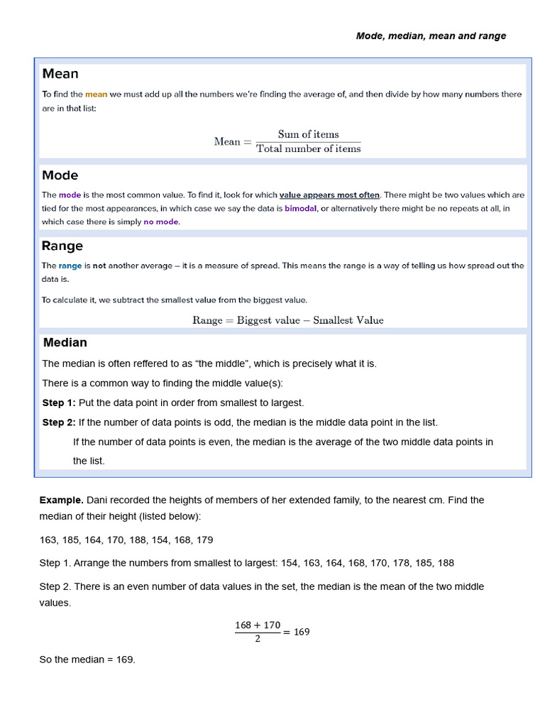 Median, Mode, Mean, Range | PDF | Mode (Statistics) | Arithmetic