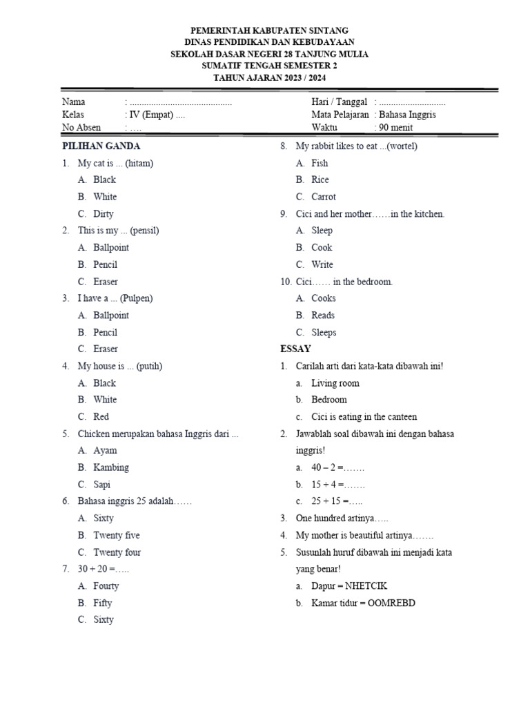 Soal Mid Bahasa Inggris Kelas 4 | PDF