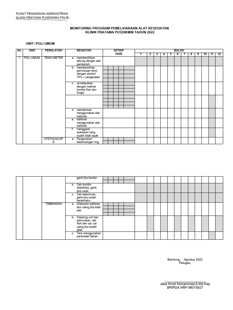 Checklist Pemeliharaan Alat 2020 | PDF